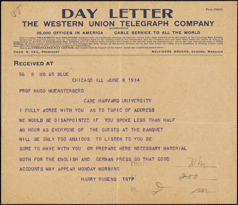 Rubens, Harry, 1850-1920 telegram to Hugo Münsterberg, Chicago, 08 June ...