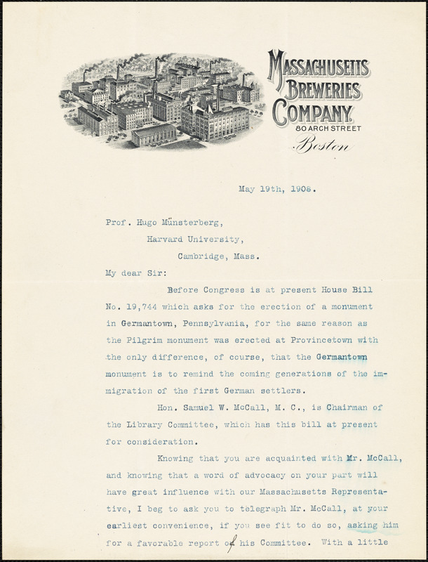 Ruhl, Edward typed letter signed to Hugo Münsterberg, Boston, 19 May ...
