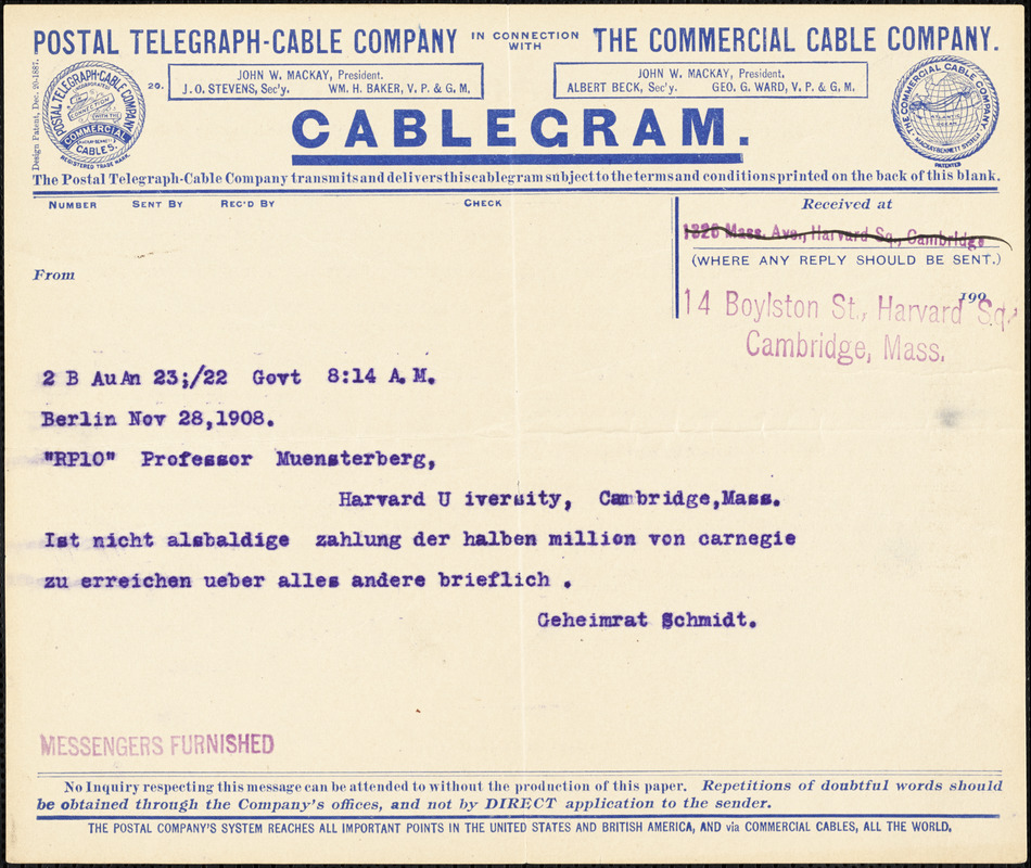 Schmidt, Friedrich telegram to Hugo Münsterberg, Berlin, 28 November ...