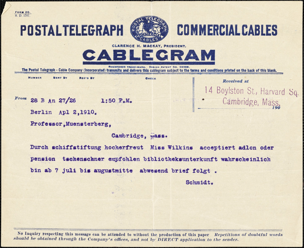 Schmidt, Friedrich telegram to Hugo Münsterberg, Berlin, 02 April 1910 ...