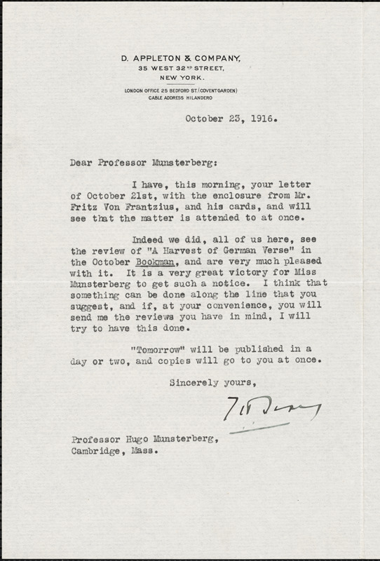 Sears, Joseph Hamblen, 1865-1946 typed letter signed to Hugo ...