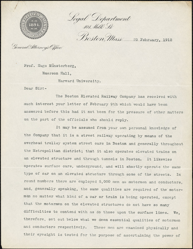Sears, Russell Adams, 1869-1932 typed letter signed to Hugo Münsterberg ...