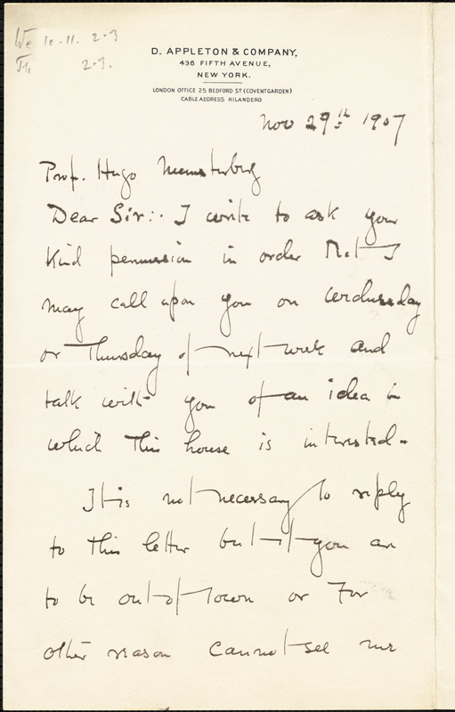 Sedgwick, Ellery, 1872-1960 autograph letter signed to Hugo Münsterberg ...