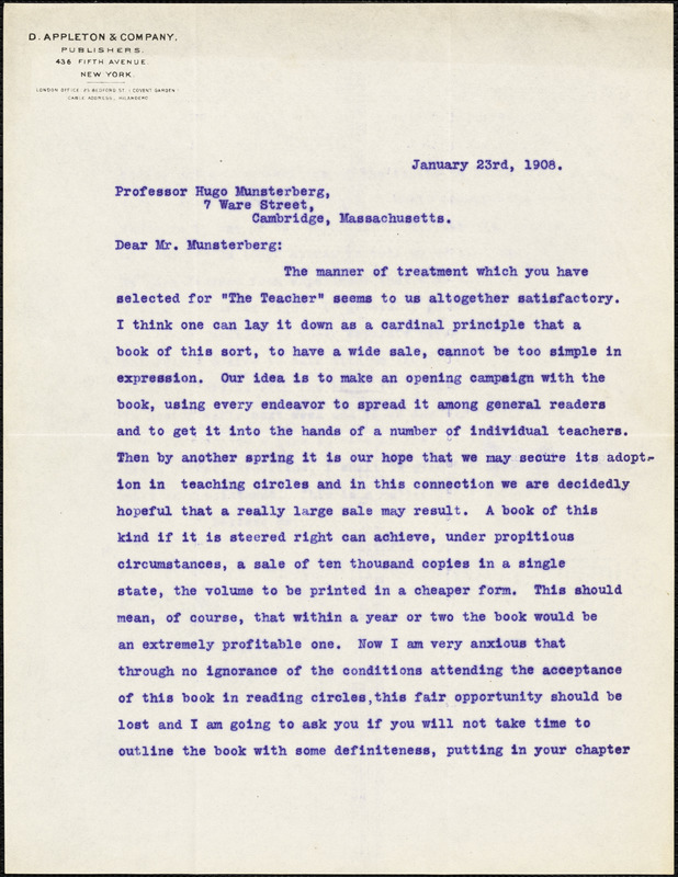 Sedgwick, Ellery, 1872-1960 typed letter signed to Hugo Münsterberg ...