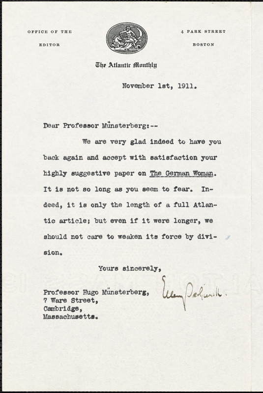 Sedgwick, Ellery, 1872-1960 typed letter signed to Hugo Münsterberg ...