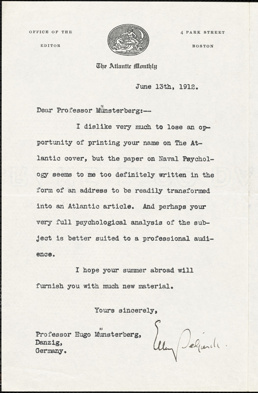 Sedgwick, Ellery, 1872-1960 typed letter signed to Hugo Münsterberg ...