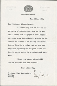 Sedgwick, Ellery, 1872-1960 typed letter signed to Hugo Münsterberg ...