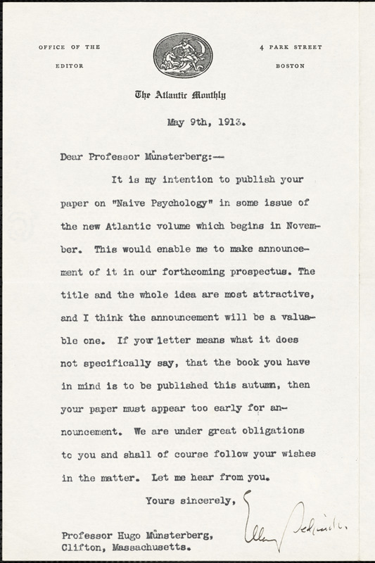 Sedgwick, Ellery, 1872-1960 typed letter signed to Hugo Münsterberg ...