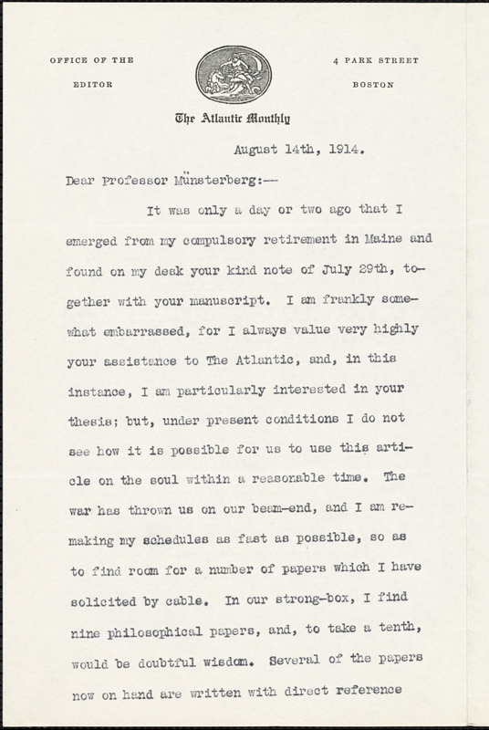 Sedgwick, Ellery, 1872-1960 typed letter signed to Hugo Münsterberg ...