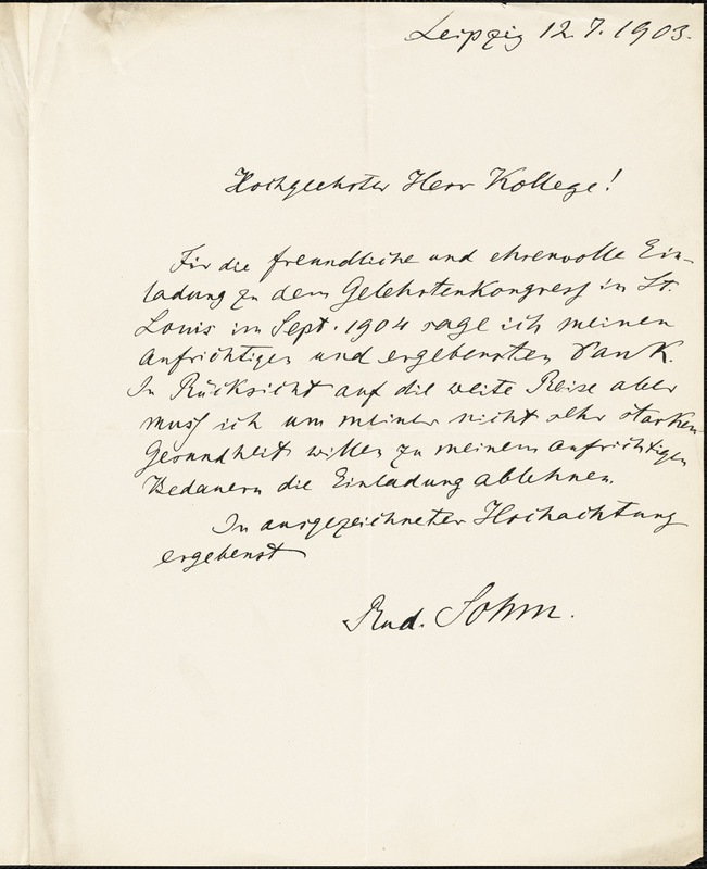 Sohm, Rudolf, 1841-1917 autograph letter signed to Hugo Münsterberg ...