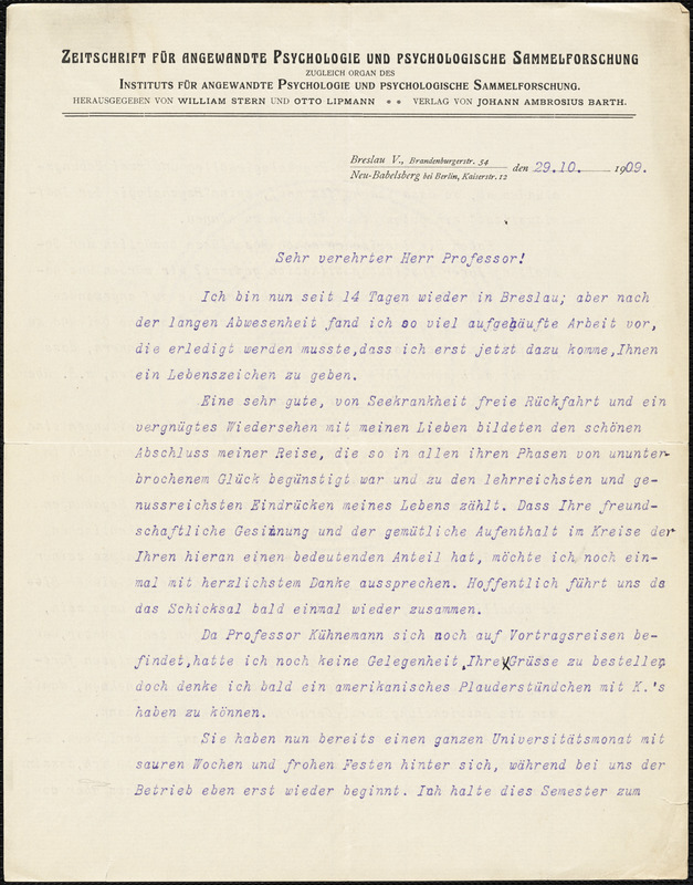 Stern, William, 1871-1938 typed letter signed to Hugo Münsterberg ...