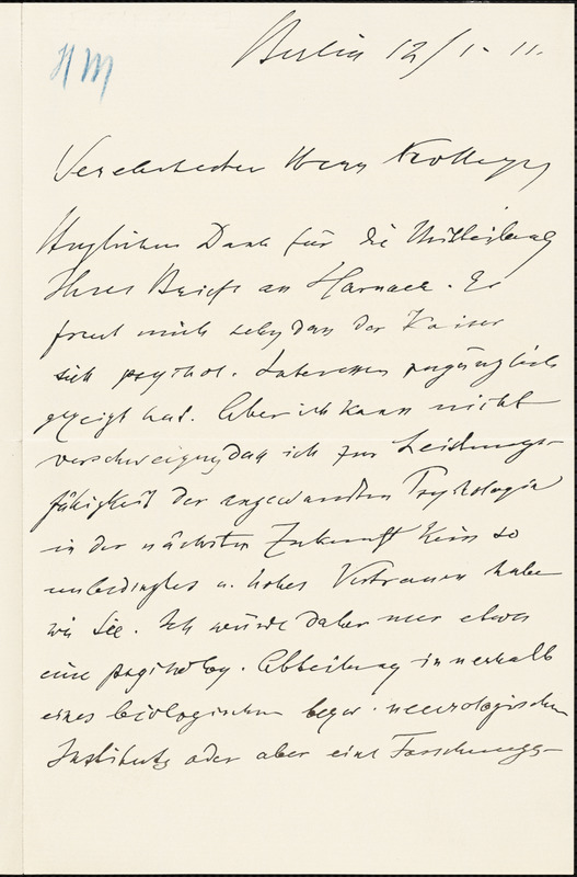 Stumpf, Carl, 1848-1936 autograph letter signed to Hugo Münsterberg ...