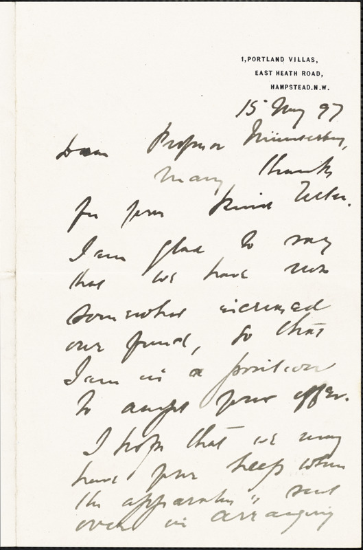 Sully, James, 1842-1923 autograph letter signed to Hugo Münsterberg ...