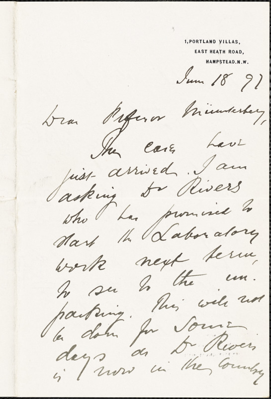 Sully, James, 1842-1923 autograph letter signed to Hugo Münsterberg ...