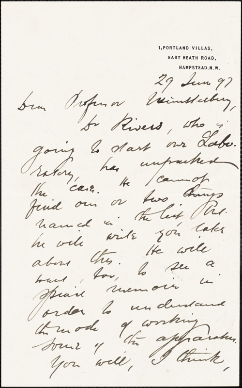 Sully, James, 1842-1923 autograph letter signed to Hugo Münsterberg ...