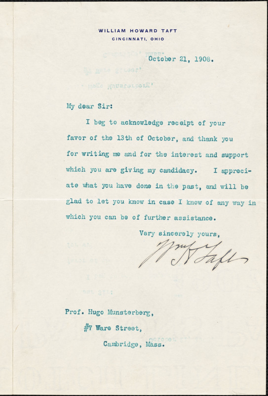 Taft, William Howard, Pres. U.S., 1857-1930 typed letter signed to Hugo ...