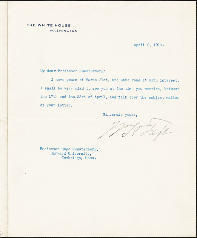 Taft, William Howard, Pres. U.S., 1857-1930 typed letter signed to Hugo ...