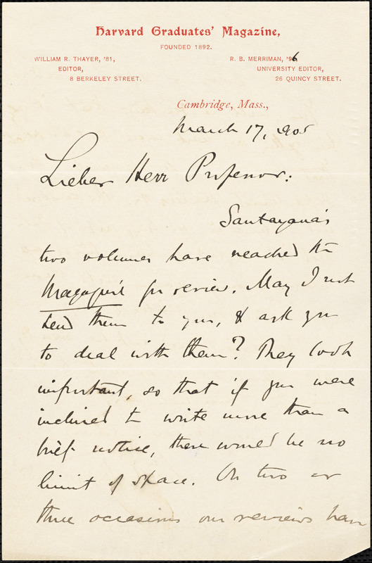 Thayer, William Roscoe, 1859-1923 autograph note signed to Hugo ...