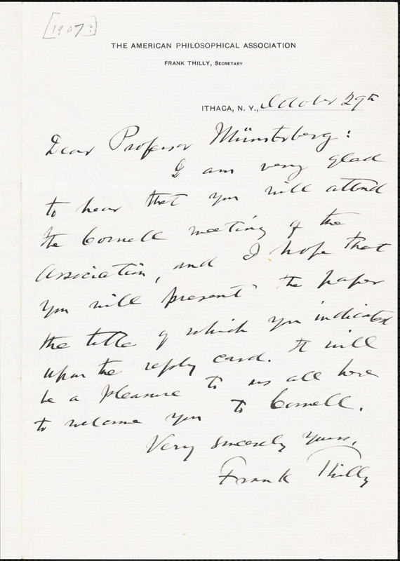 Thilly, Frank, 1865-1934 autograph letter signed to Hugo Münsterberg ...