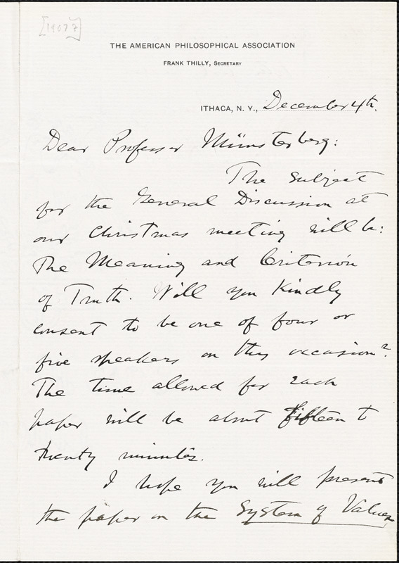Thilly, Frank, 1865-1934 autograph letter signed to Hugo Münsterberg ...