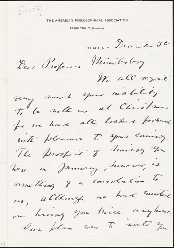 Thilly, Frank, 1865-1934 autograph letter signed to Hugo Münsterberg ...