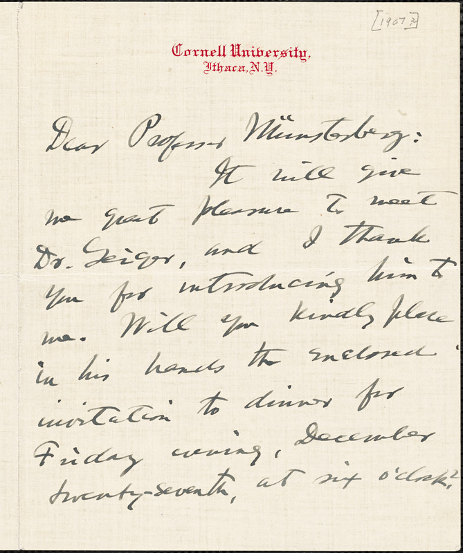 Thilly, Frank, 1865-1934 autograph letter signed to Hugo Münsterberg ...
