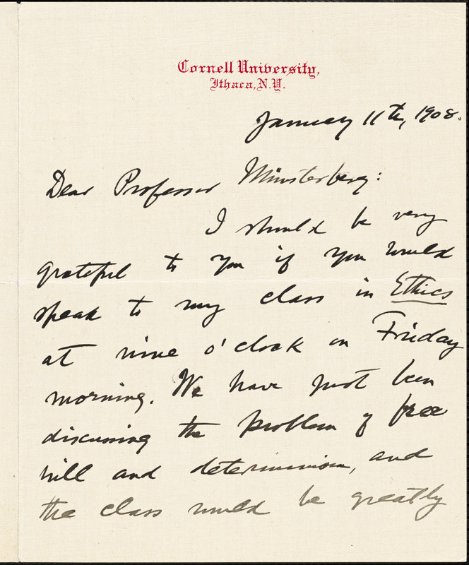 Thilly, Frank, 1865-1934 autograph letter signed to Hugo Münsterberg ...