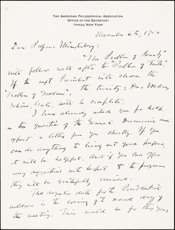 Thilly, Frank, 1865-1934 autograph letter signed to Hugo Münsterberg ...