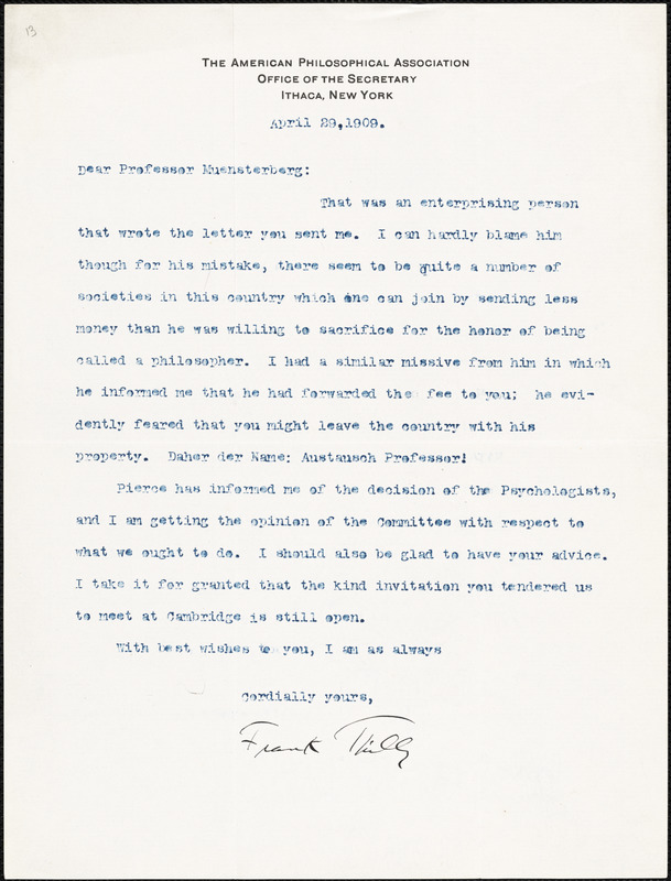 Thilly, Frank, 1865-1934 typed letter signed to Hugo Münsterberg ...