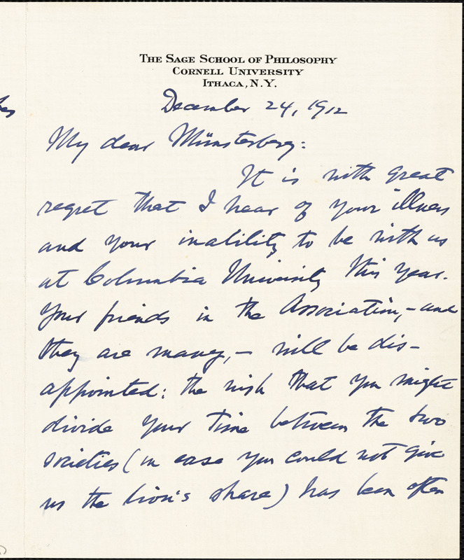 Thilly, Frank, 1865-1934 autograph letter signed to Hugo Münsterberg ...