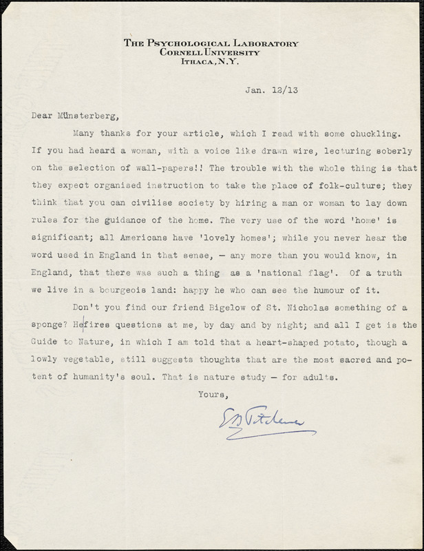 Titchener, Edward Bradford, 1867-1927 typed letter signed to Hugo ...