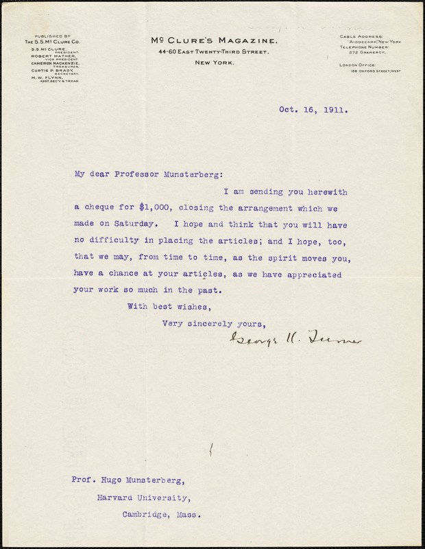 Turner, George H., fl. 1911 typed letter signed to Hugo Münsterberg, 16 ...