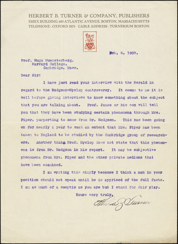 Turner, Herbert B., fl. 1907 typed letter signed to Hugo Münsterberg ...