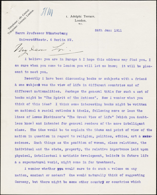 Unwin, Thomas Fisher, 1848-1935 typed letter signed to Hugo Münsterberg ...