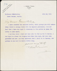 Unwin, Thomas Fisher, 1848-1935 typed letter signed to Hugo Münsterberg ...
