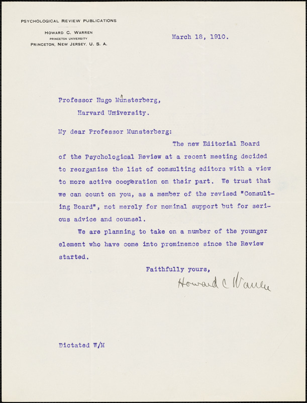 Warren, Howard Crosby, 1867-1934 typed letter signed to Hugo ...