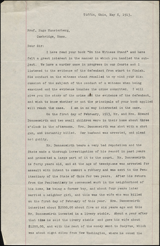 Watson, James D., 1870-1932 typed letter signed to Hugo Münsterberg ...
