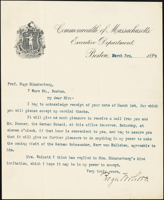 Wolcott, Roger, 1847-1900 typed letter signed to Hugo Münsterberg ...