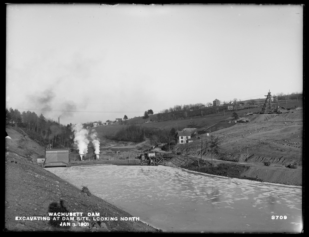 Wachusett Dam, Lidgerwood cableway and cofferdam, from upstream ...