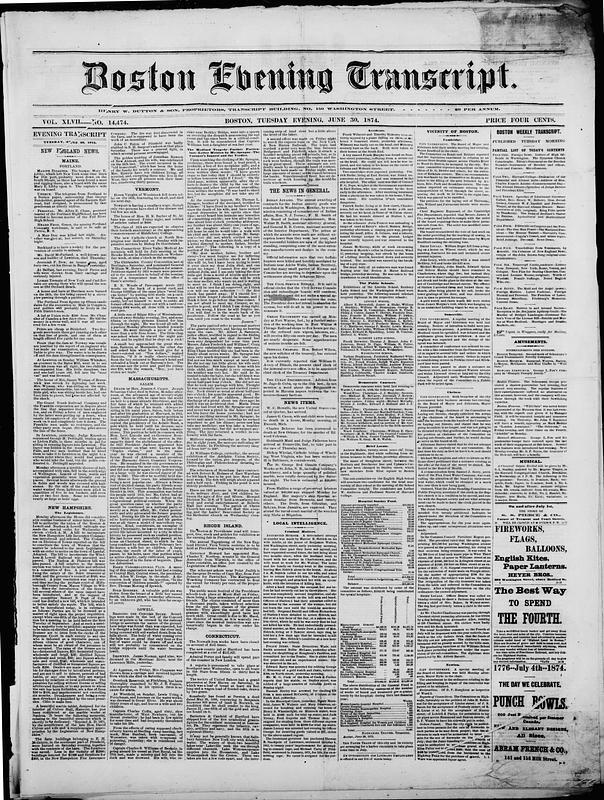 Boston Evening Transcript. June 30, 1874 - Digital Commonwealth