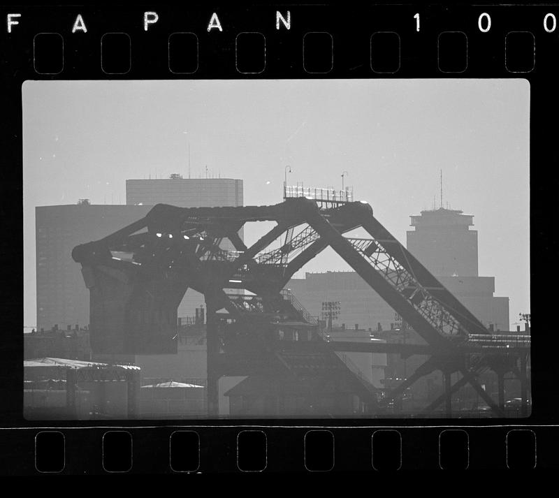 Railroad bridge and city skyline, Boston - Digital Commonwealth