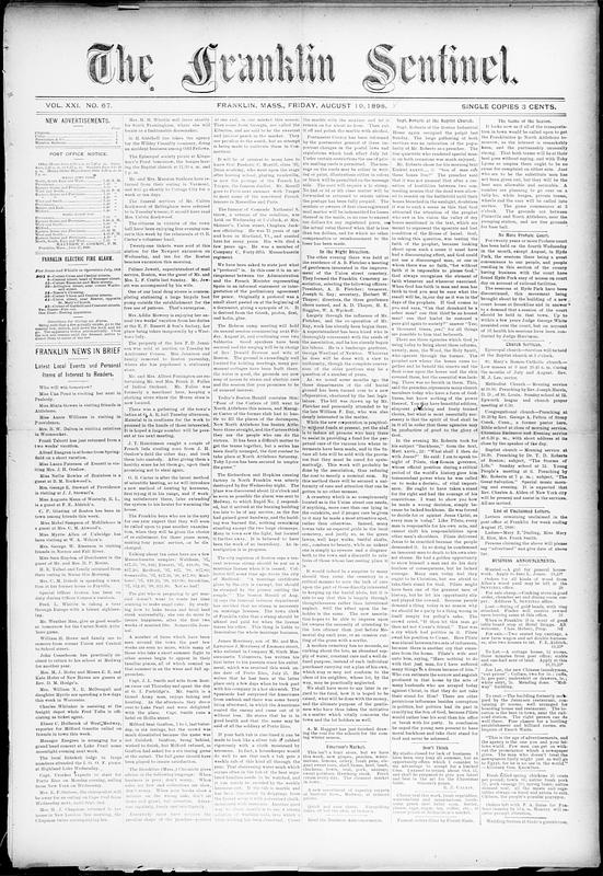 The Franklin Sentinel. August 19, 1898 - Digital Commonwealth