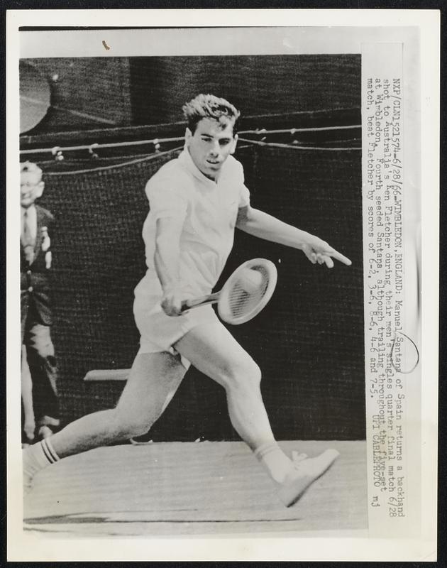 Manuel Santana of Spain returns a backhand shot to Australia's Ken ...