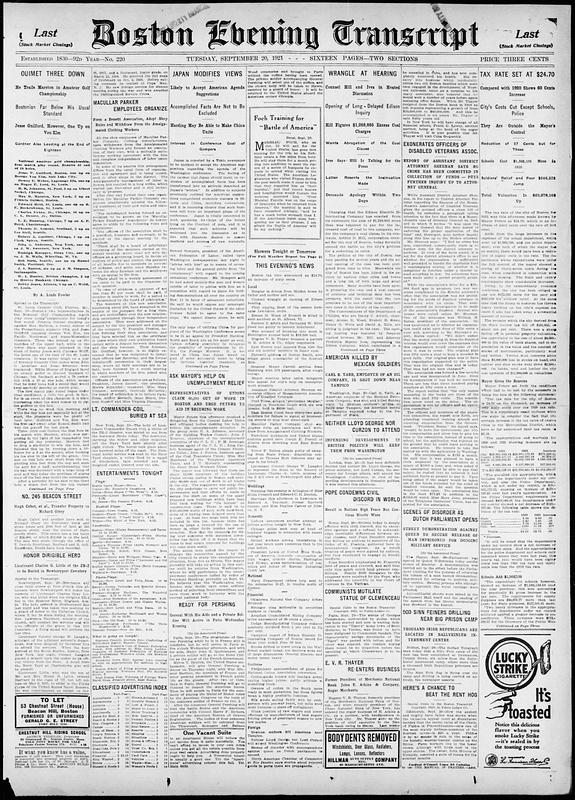 Boston Evening Transcript. September 20, 1921 - Digital Commonwealth