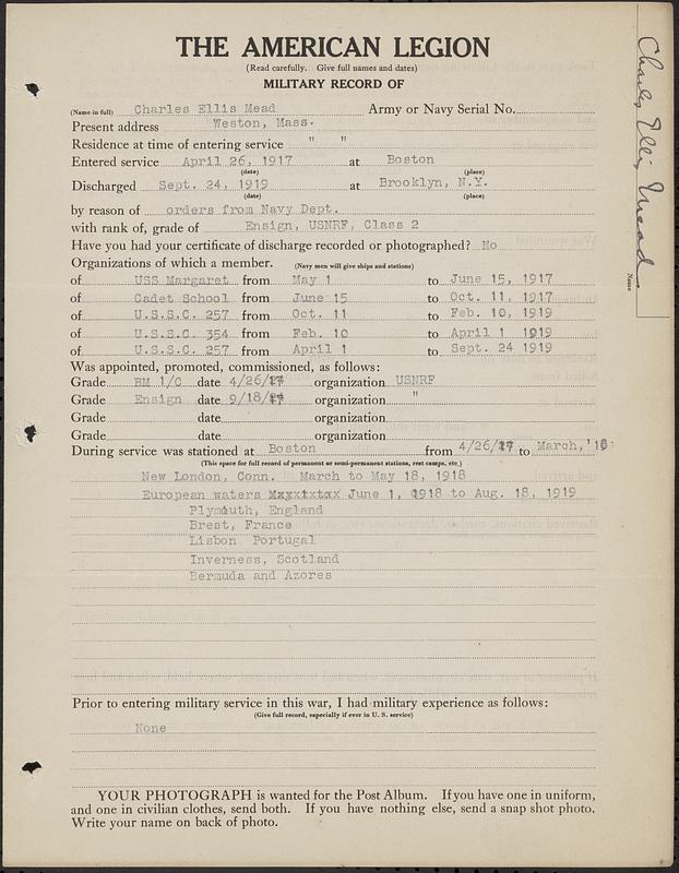 American Legion military record of Charles Ellis Mead - Digital ...