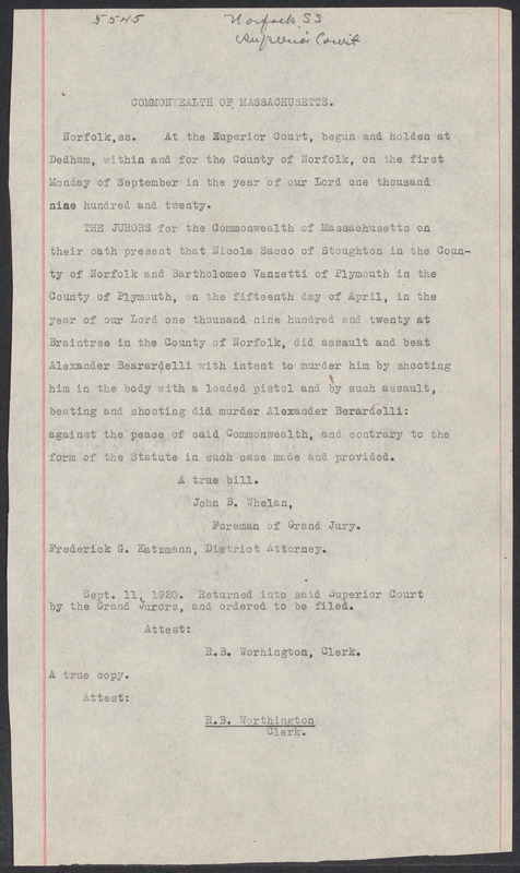 Sacco-Vanzetti Case Records, 1920-1928. Defense Papers. Grand Jury Bill ...