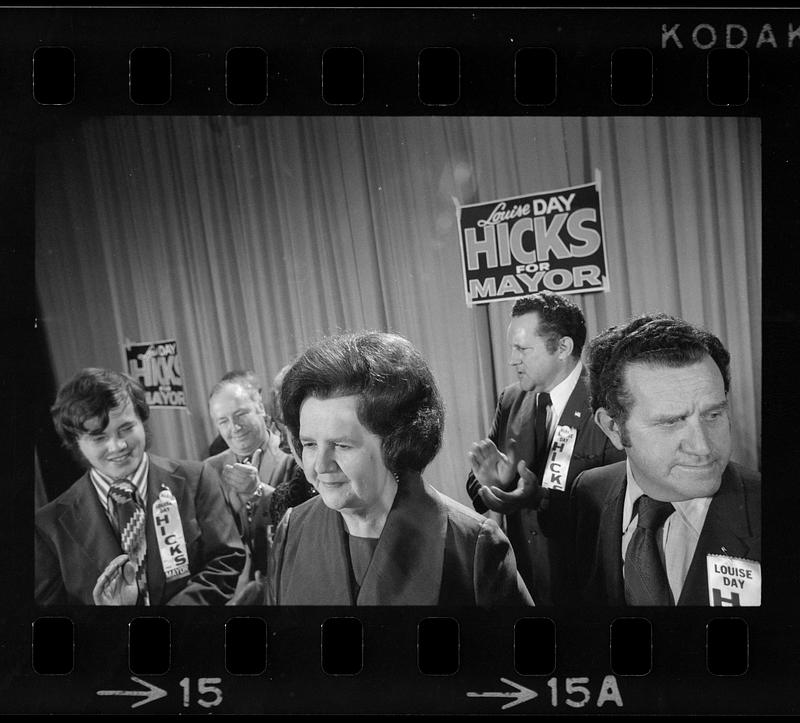 Louise Day Hicks speaks after losing her bid for mayor (note her sad ...