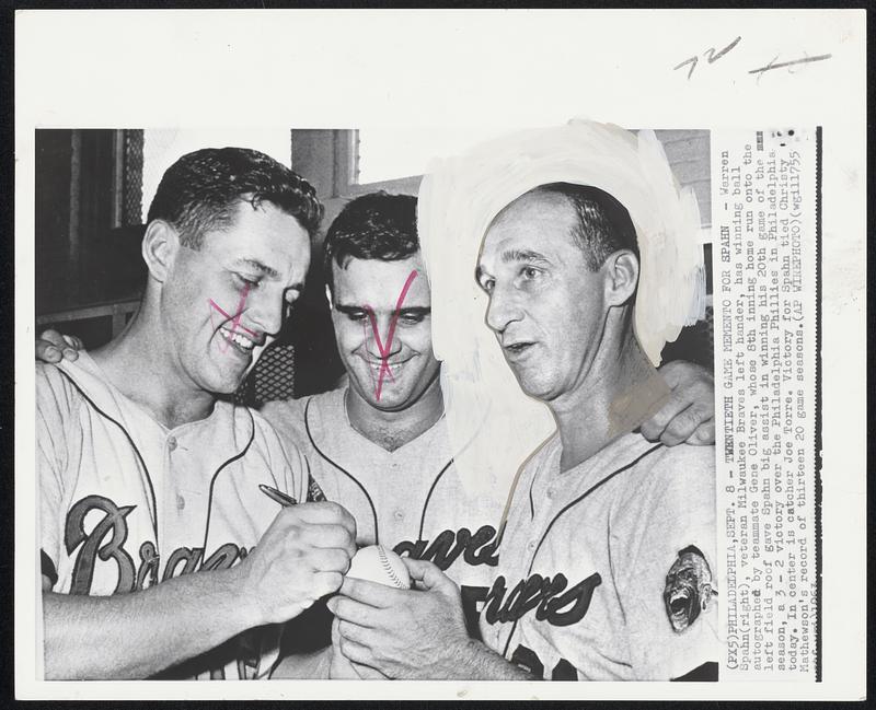 Philadelphia – Twentieth Game Memento For Spahn – Warren Spahn (right ...