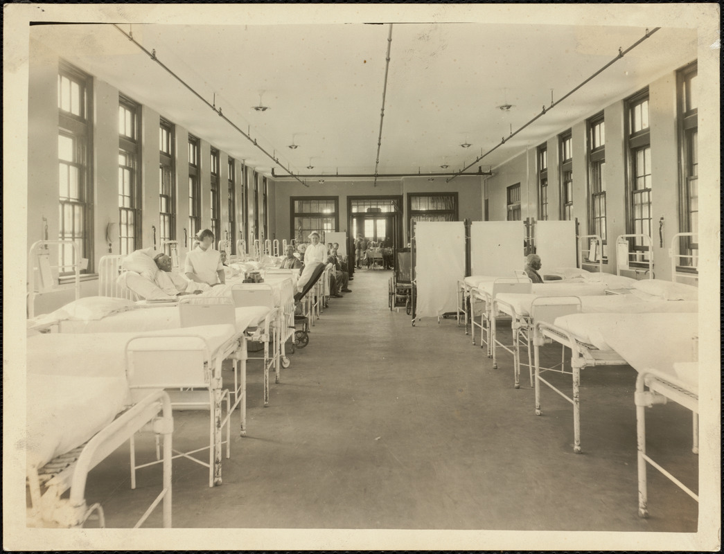 Nurses and patients in hospital ward on Long Island in Boston Harbor ...