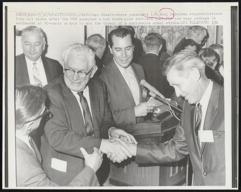United Steelworkers President I.W. Abel receives congratulations from ...